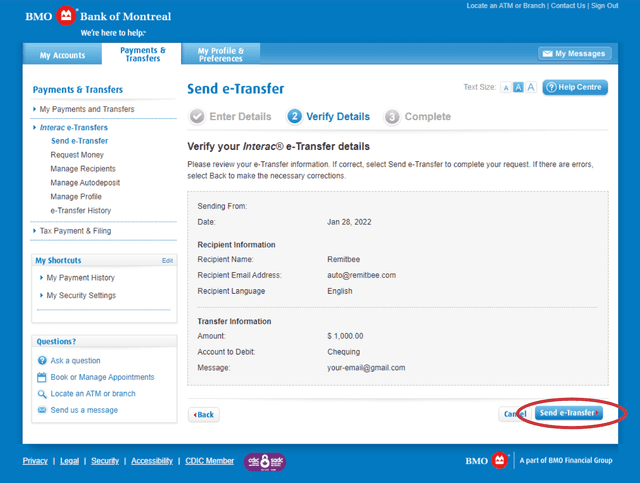 How to set up a e-transfer from BMO Bank with Remitbee