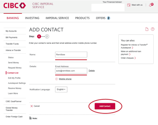 How to add e transfer to CIBC | Remitbee Help Center
